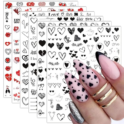 Amazon.com: SINSEN Heart Nail Stickers - 6 Sheets Hearts Nail Decals ...
