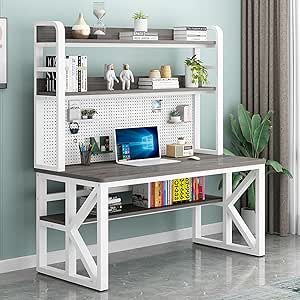 FAANAS Computer Desk with Storage Shelves & Pegboard Modern Student ...