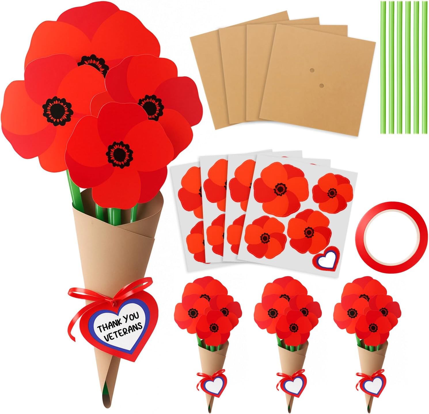 Amazon.com: Motipuns 24 Pcs Veterans Day Flower Bouquet Craft Kit Poppy ...