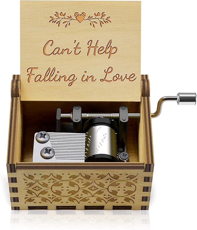 Wooden I Love You Music Box “Can’t Help ”Engraved hand crank mini wood ...