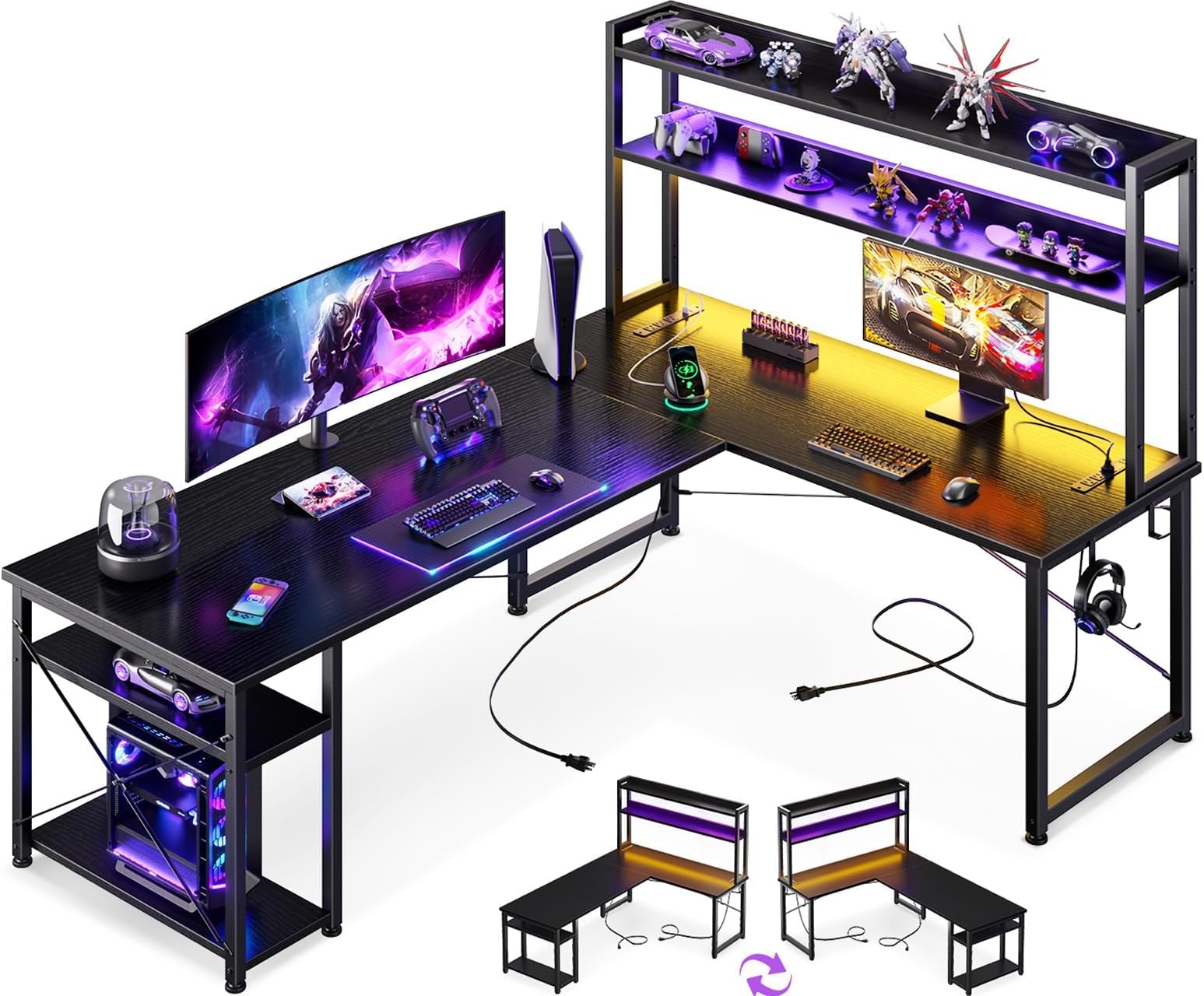 Amazon.com: Aheaplus L Shaped Gaming Desk with LED Lights & Power ...