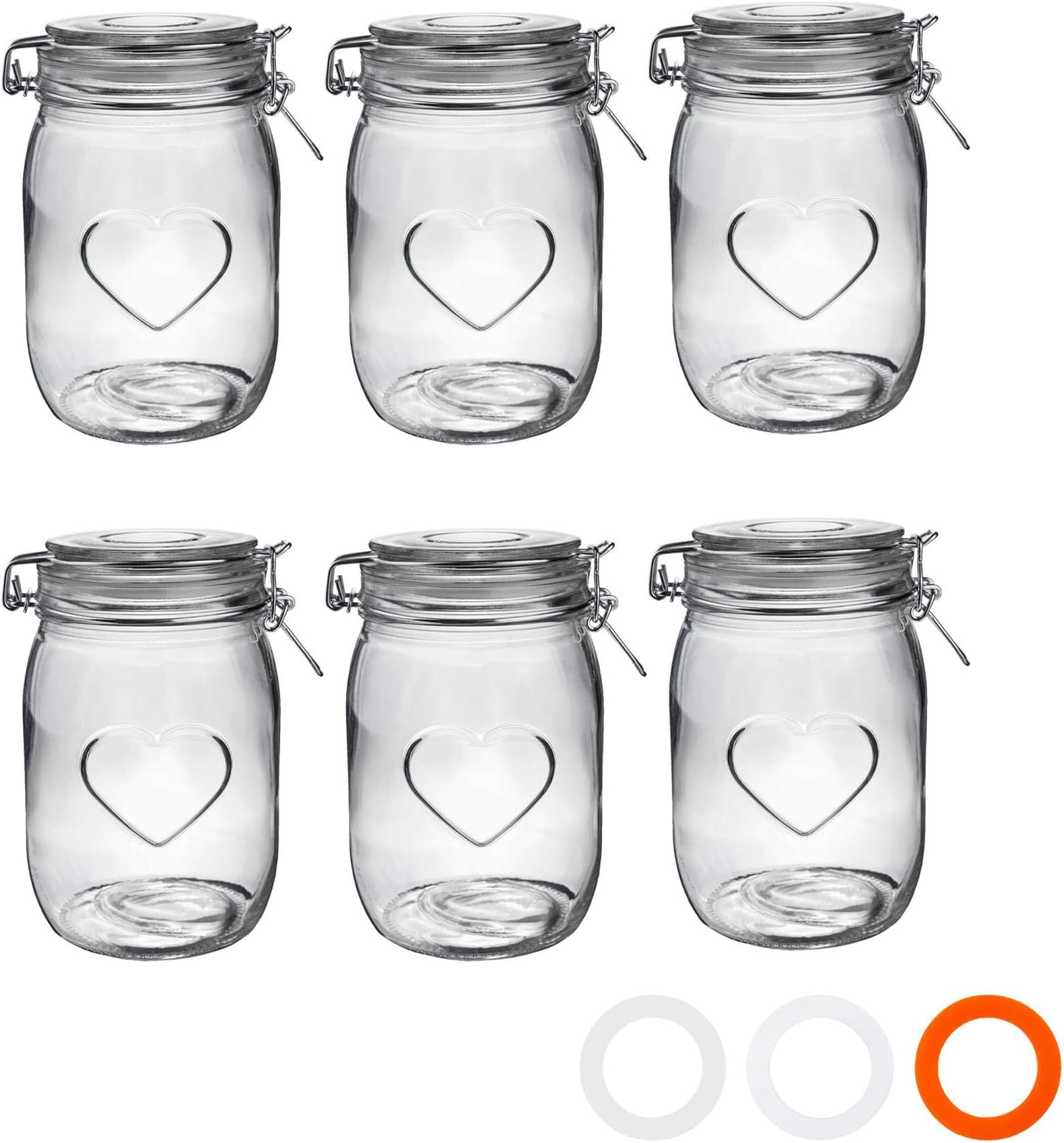 Nicola Spring Heart Glass Storage Jars with Airtight Clip Lid - 1 Litre ...