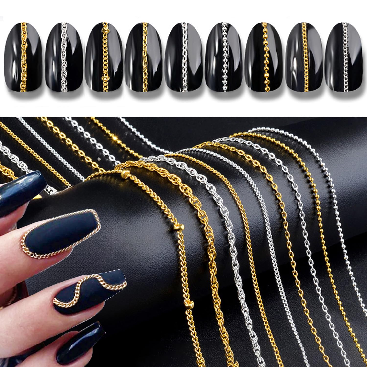 Amazon.com: WOKOTO 9 PCS Gold And Silver 3d Nail Chains Charms For Nail ...