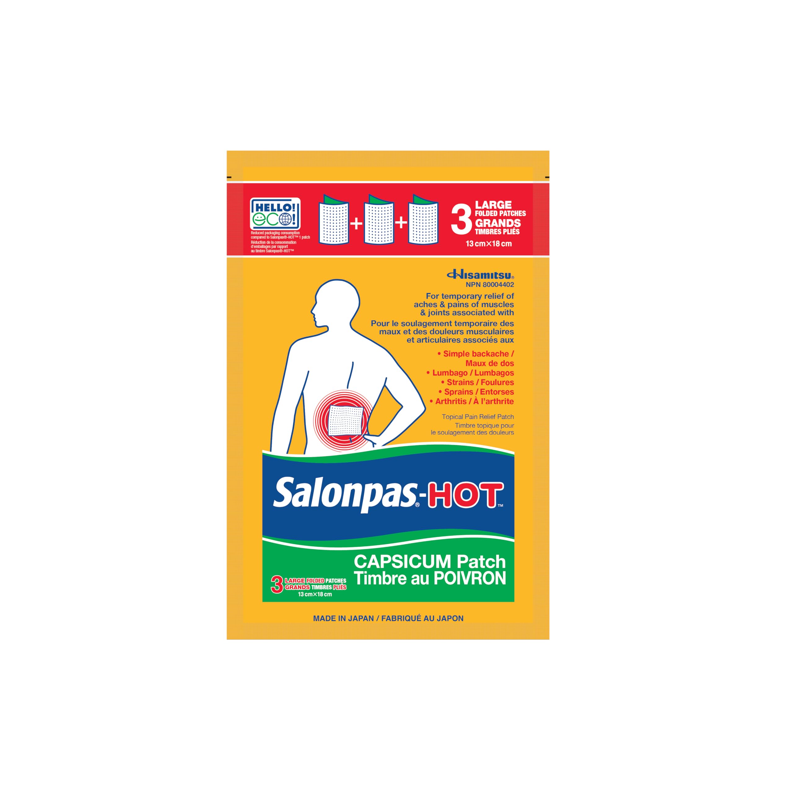 Salonpas Hot Capsicum Patch, Backache, Strains, Sprains, Arthritis, 3 ...