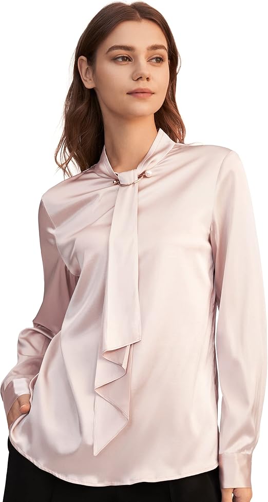 LilySilk Silk Tie Blouse Long Sleeve Feminine Stand Collar Silk Blouses ...
