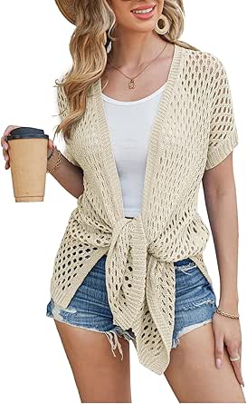 GRACE KARIN Mesh Cardigan Sweaters for Women Crochet Short Sleeve Open ...