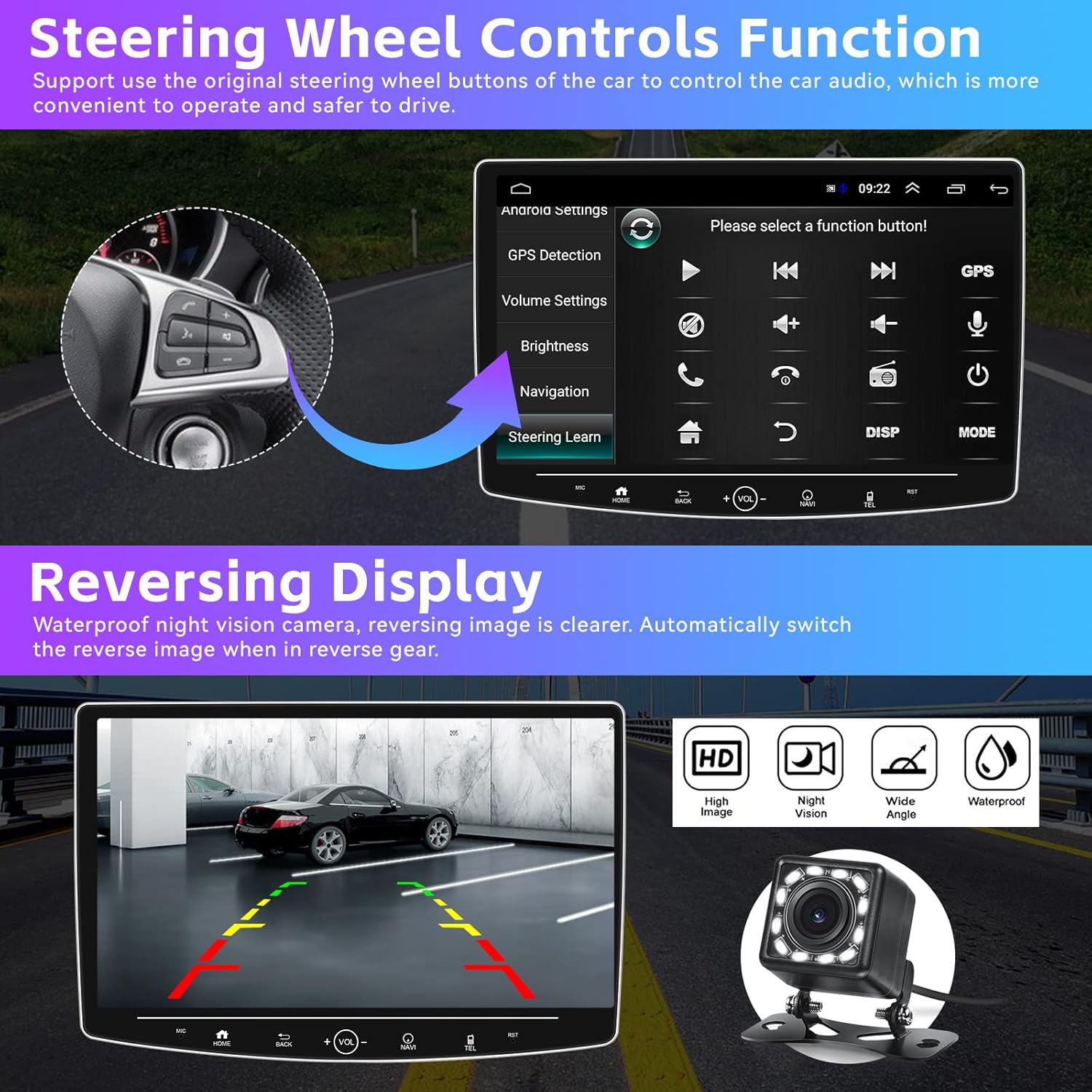 Android Single Din Car Stereo 10 inch Rotatable Angle Screen Touch ...