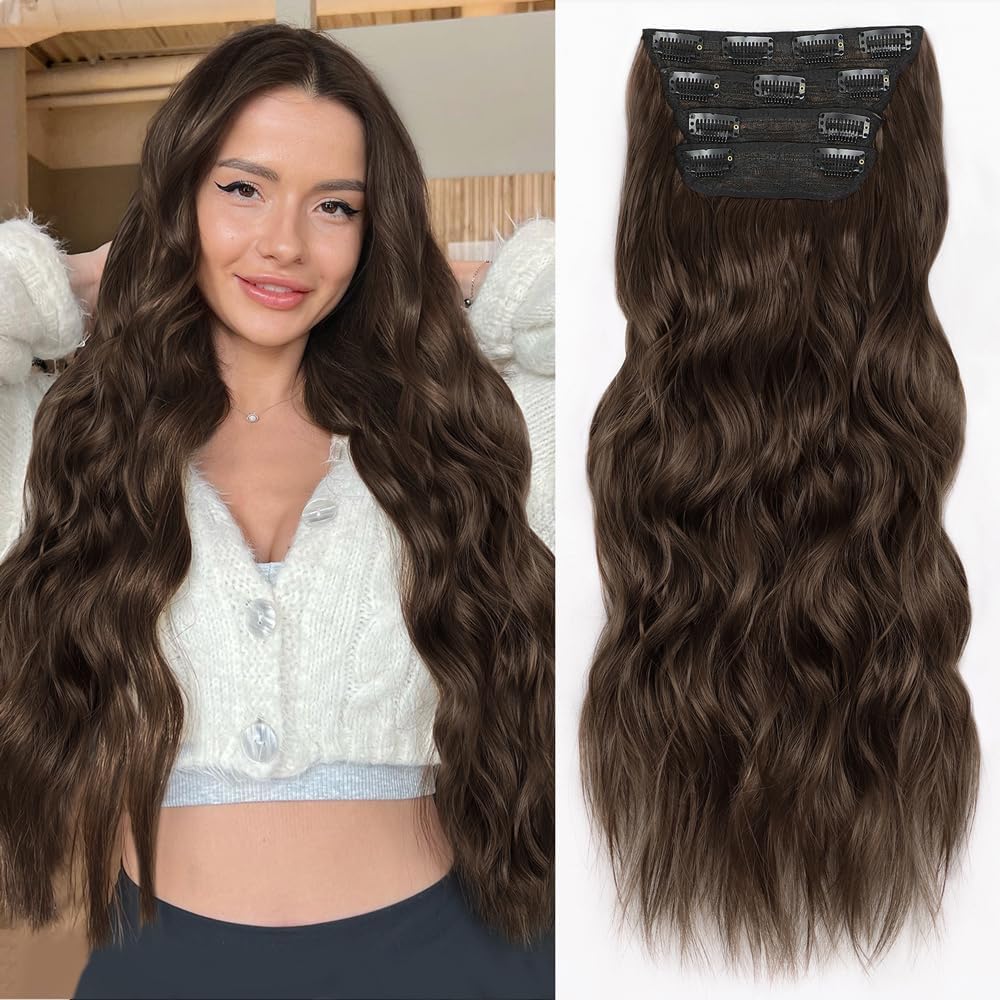 Amazon.com : ALXNAN Clip in Hair Extensions for Women,Chocolate Brown ...