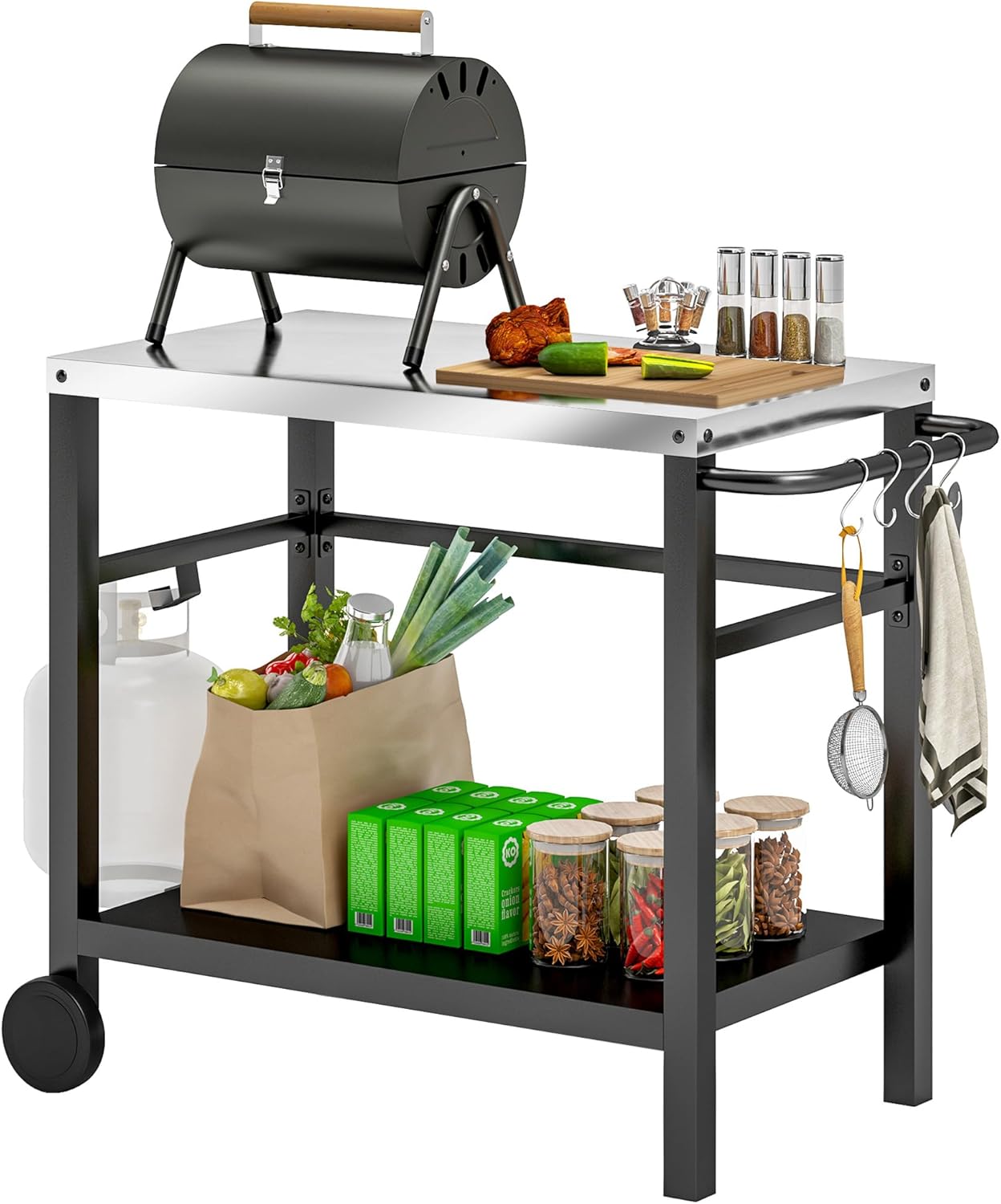Outsunny Outdoor Grill Dining Cart 2-Shelf Movable Pizza Oven Table ...