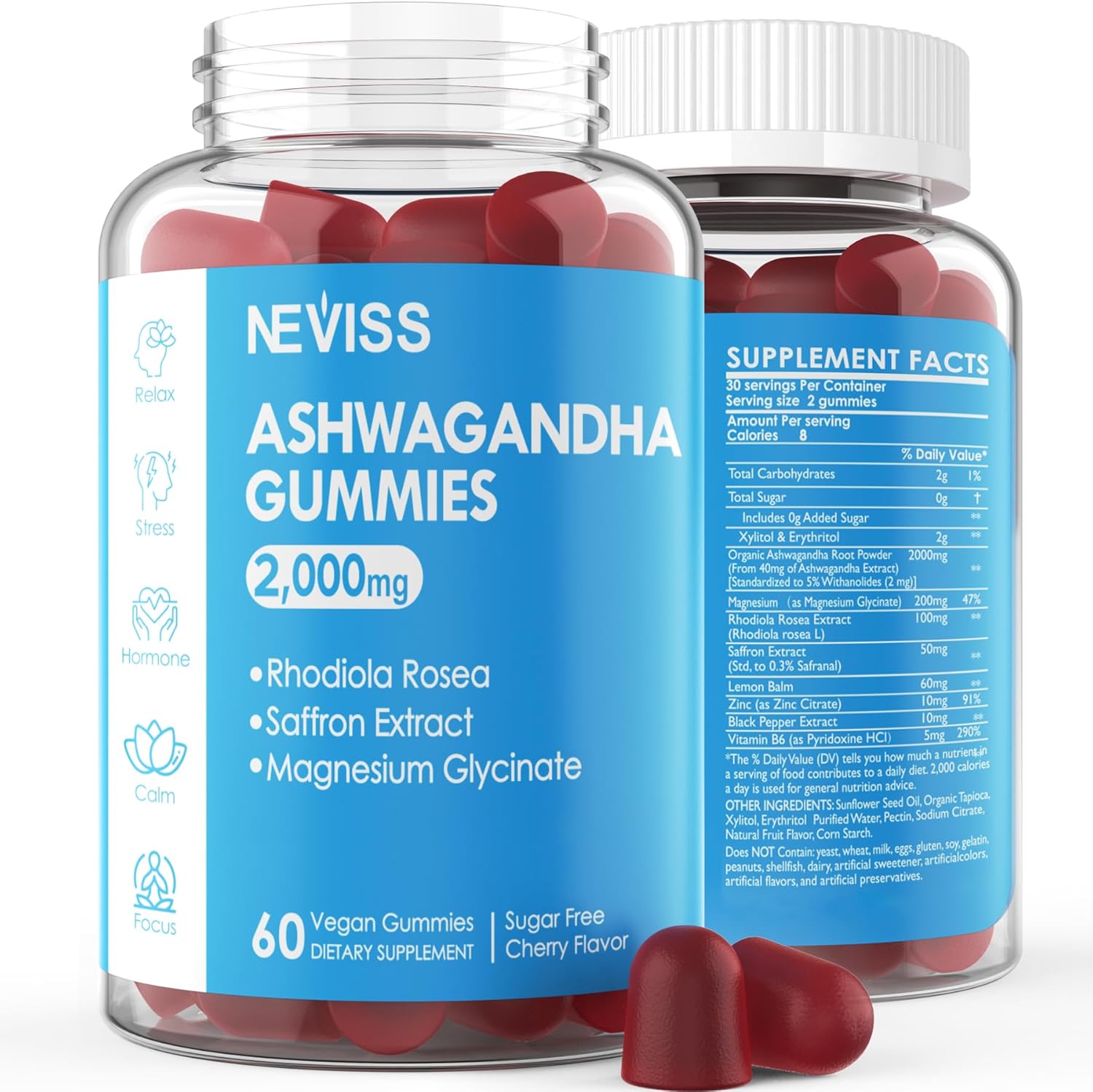 Amazon.com: NEVISS Sugar Free Ashwagandha Gummies 2000mg - with ...