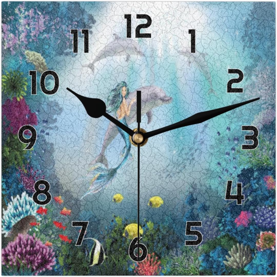 Amazon.com: POFATO Underwater Mermaid Wall Clock Non-Ticking Silent ...