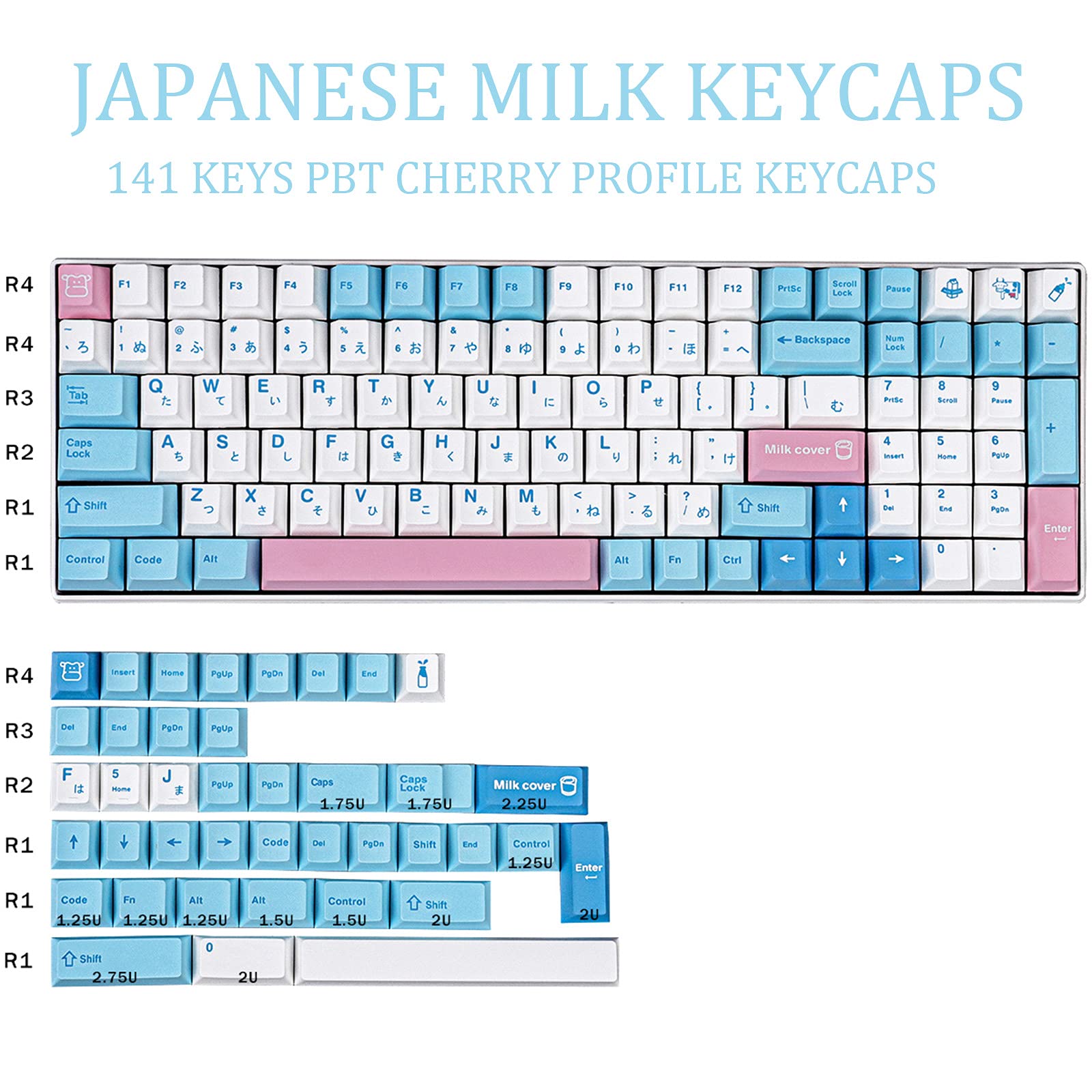 PBT Milk Japanese Keycaps 141 Keys Cherry Profile Dye Sublimation ANSI ...