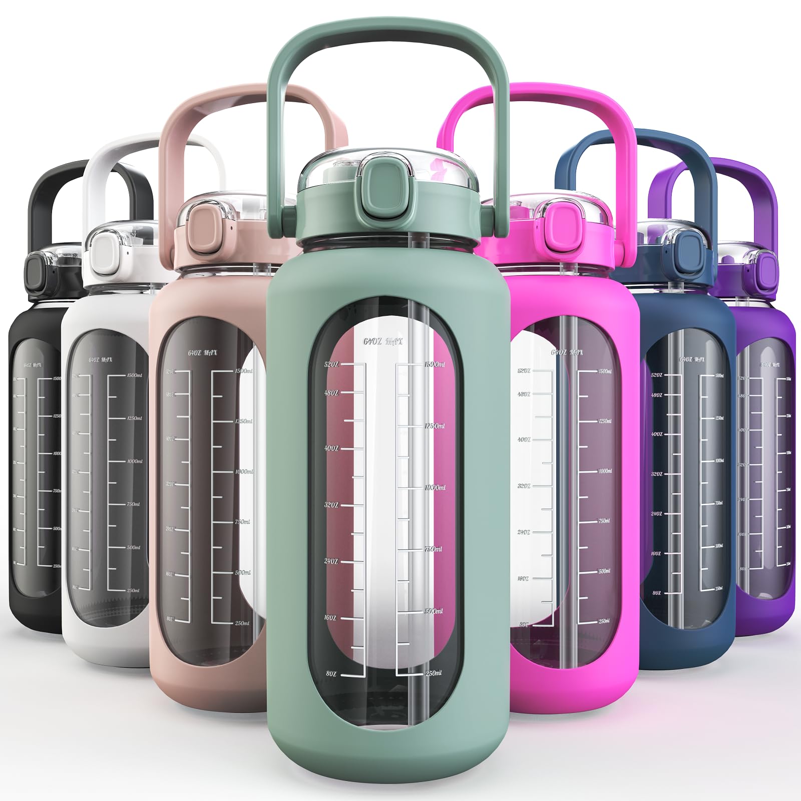 Dysco 64 oz Glass Water Bottles: Time Marker Half Gallon Motivational ...