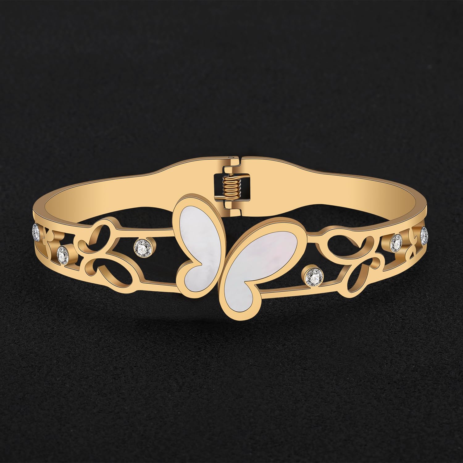 Butterfly Bangle Bracelet Women Stainless Steel Shiny CZ Butterfly