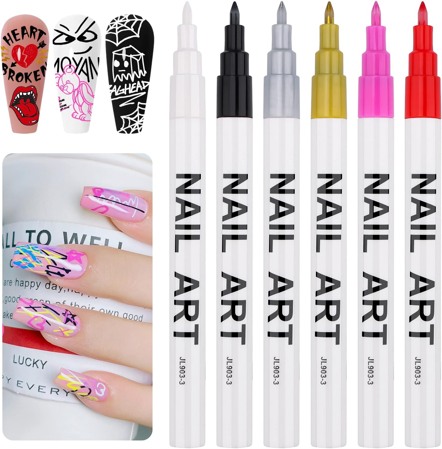 Amazon.com : 6 Color 3D Nail Art Pens Set, Kalolary Nail Point Graffiti ...