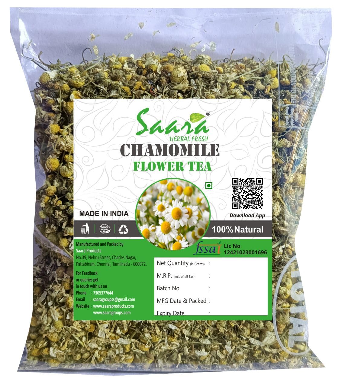 Saara HERBAL FRESH Chamomile Flower Tea, (850grams) Pure Whole Flower ...