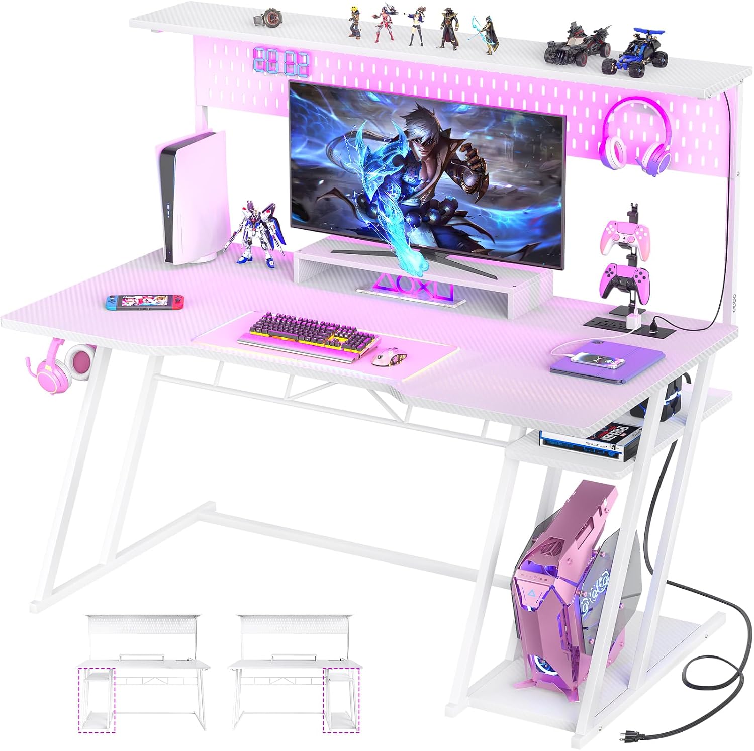 55'' White Gaming Desk with Hutch and LED Lights, Gaming Computer Desk ...