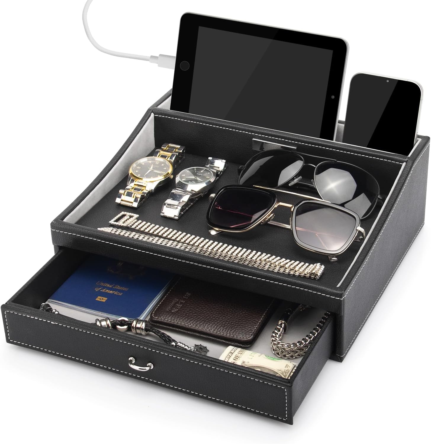 Amazon.com: Juvale Faux Leather Mens Jewelry Box Organizer, Valet Tray ...