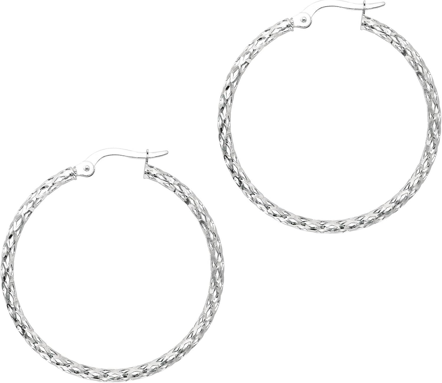 Amazon.com: 14k White Gold Round Sparkle See Thru Diamond Cut Hoop ...