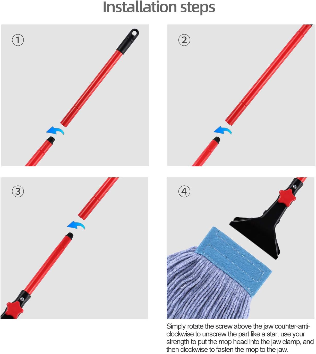 OFO Loop-End String Wet Mop 59 inch Aluminium Alloy Pole,3 Heavy Duty ...