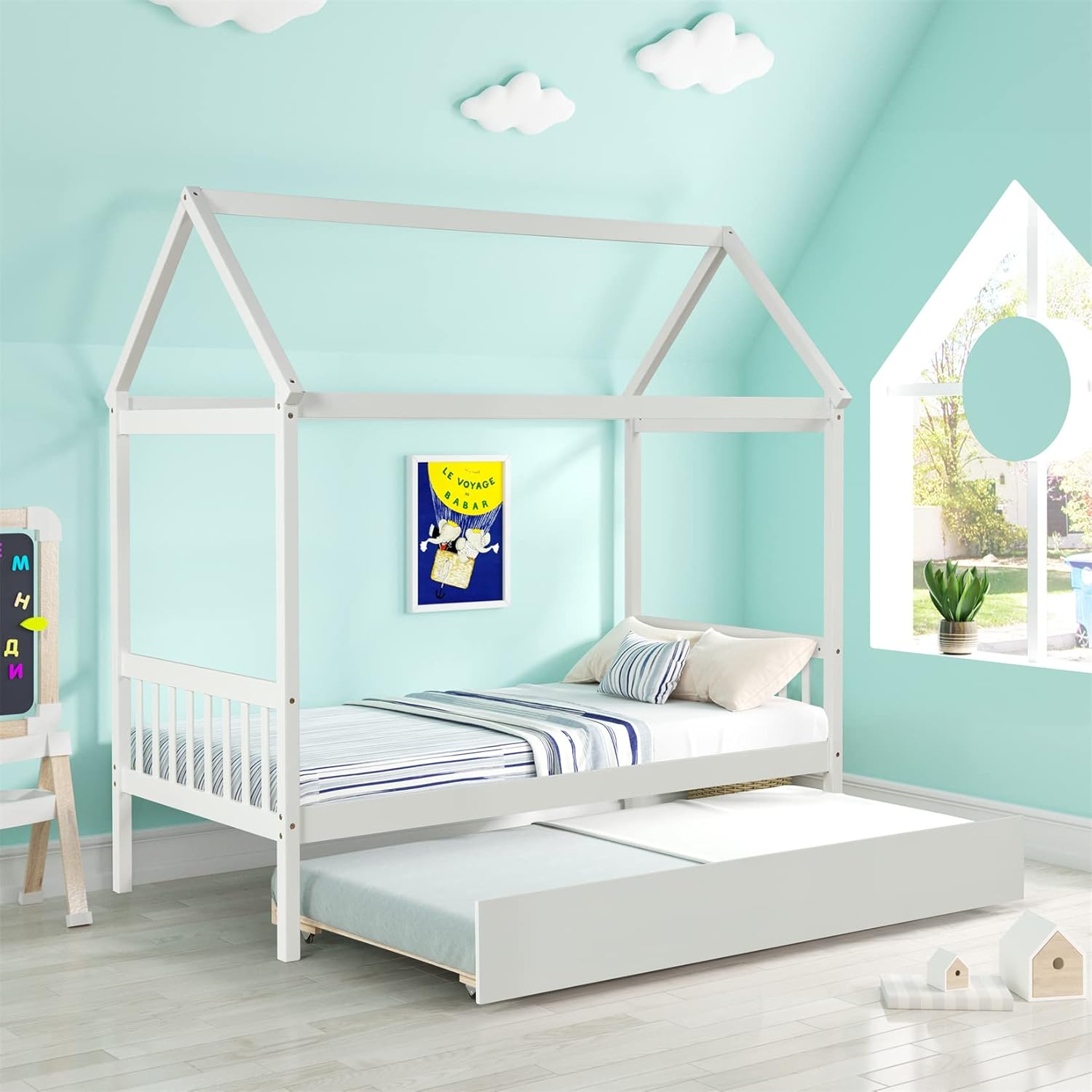 Amazon.com: House Beds with Trundle for Kids Wood Playhouse Bed Frame ...