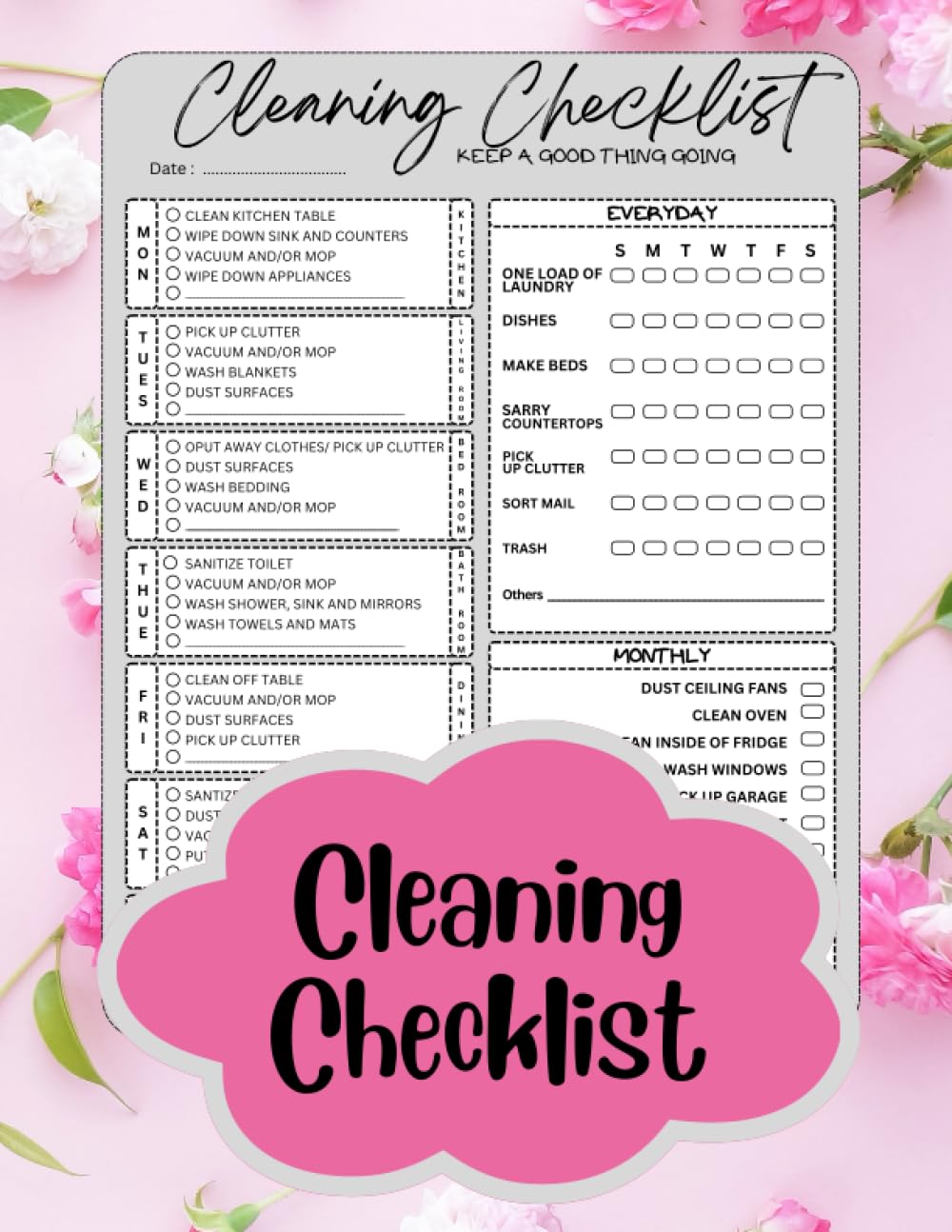 Daily and Monthly Cleaning Checklist Notebook: Daily Weekly and Monthly ...