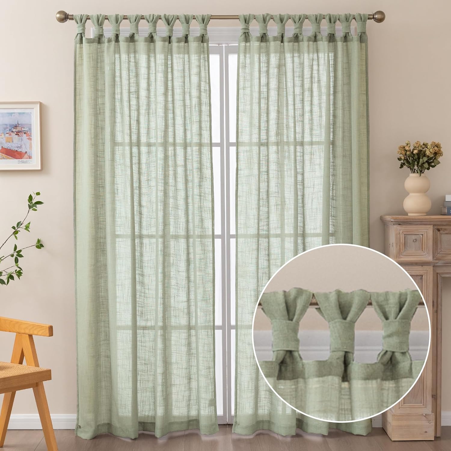 Amazon.com: BRIGHTSHEER Green Linen Curtain 2 Panels, Semi Sheer ...