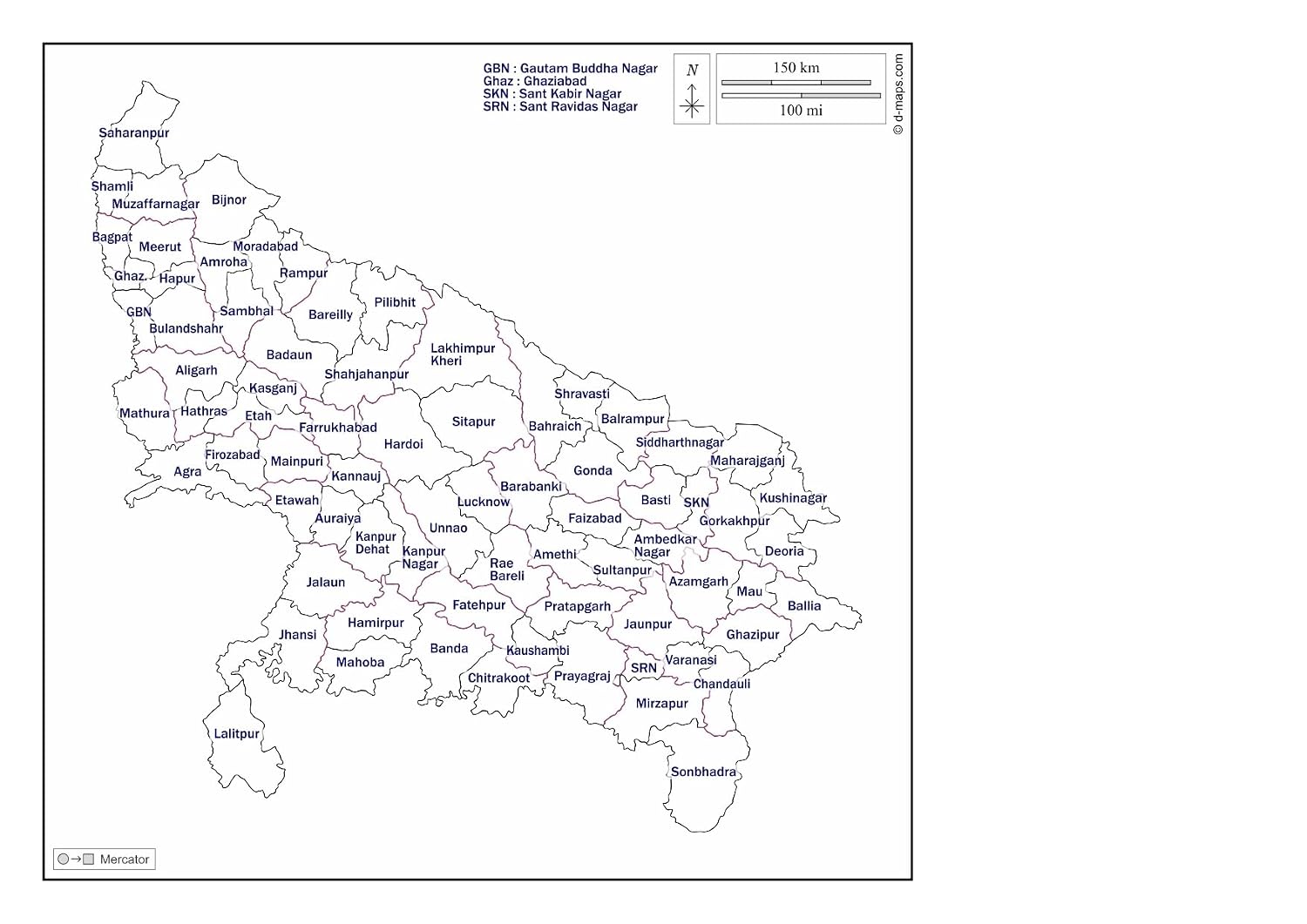 Buy Uttar Pradesh district map and their name (black and white)_A4 size ...