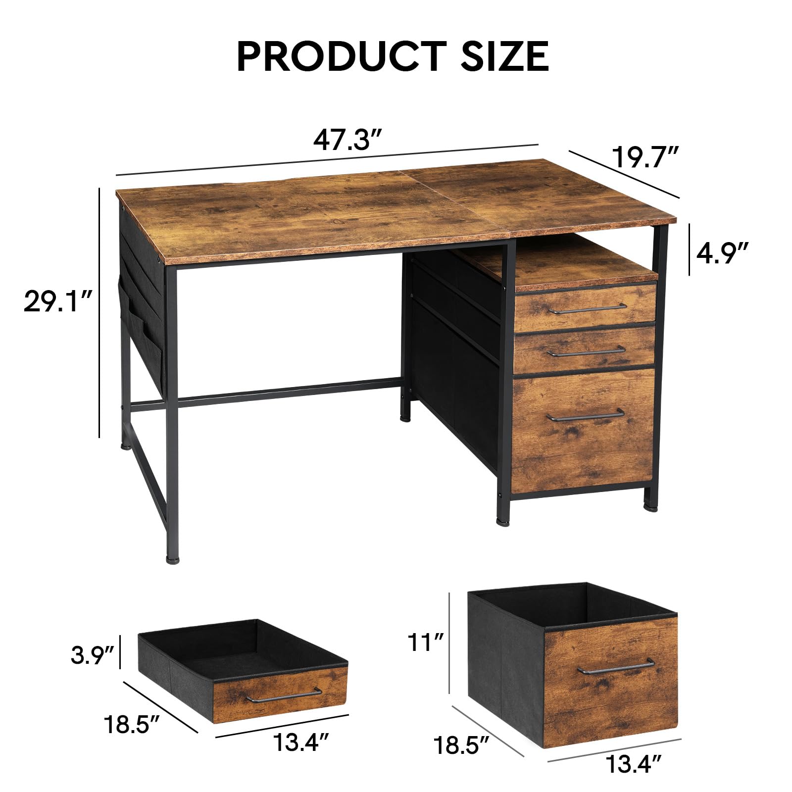 Computer Desk with Drawers, 47 inch Desk with 2 Drawers and Shelves ...