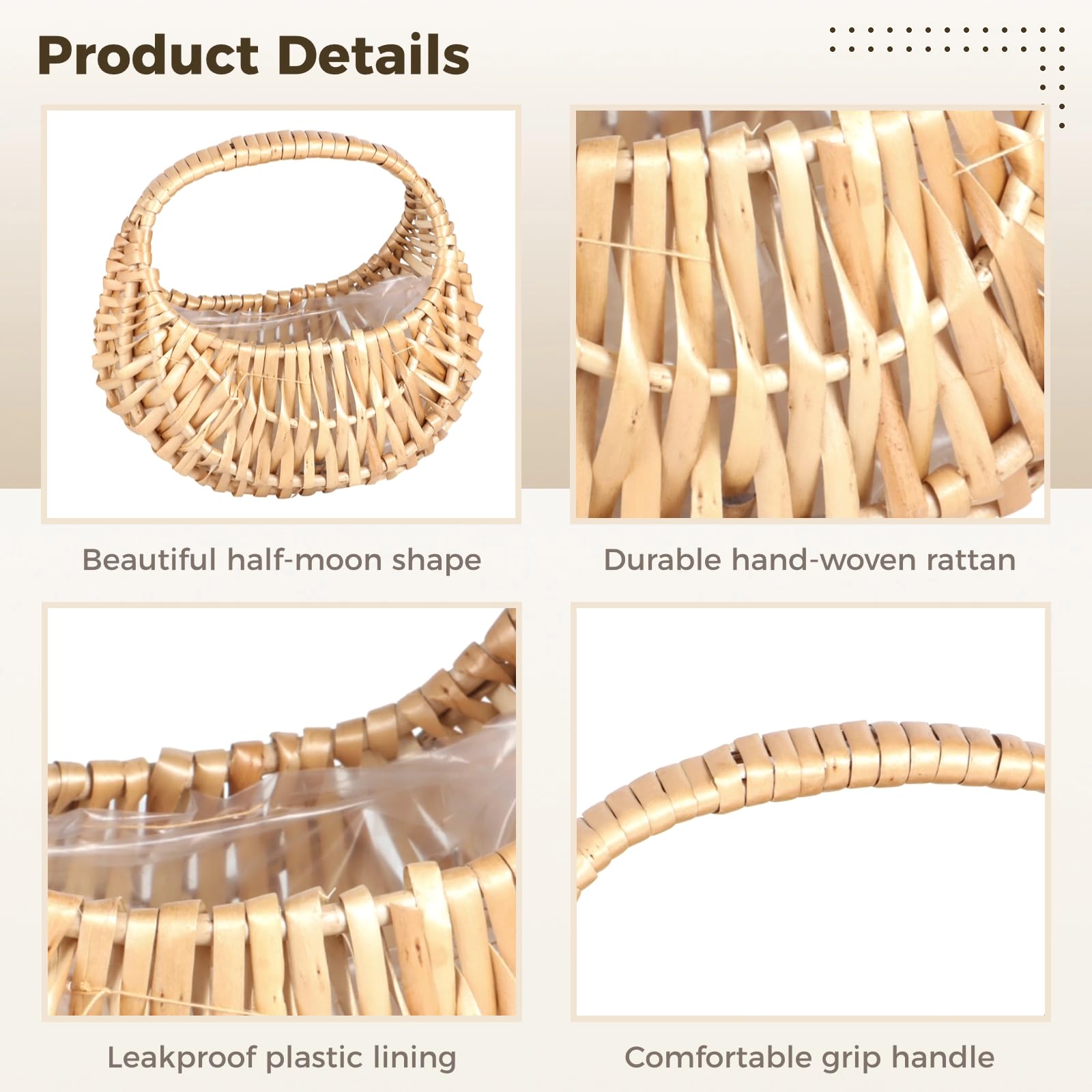 Snapklik.com : 3 Pcs Rattan Flower Baskets, Small Half-Moon Wicker Baskets