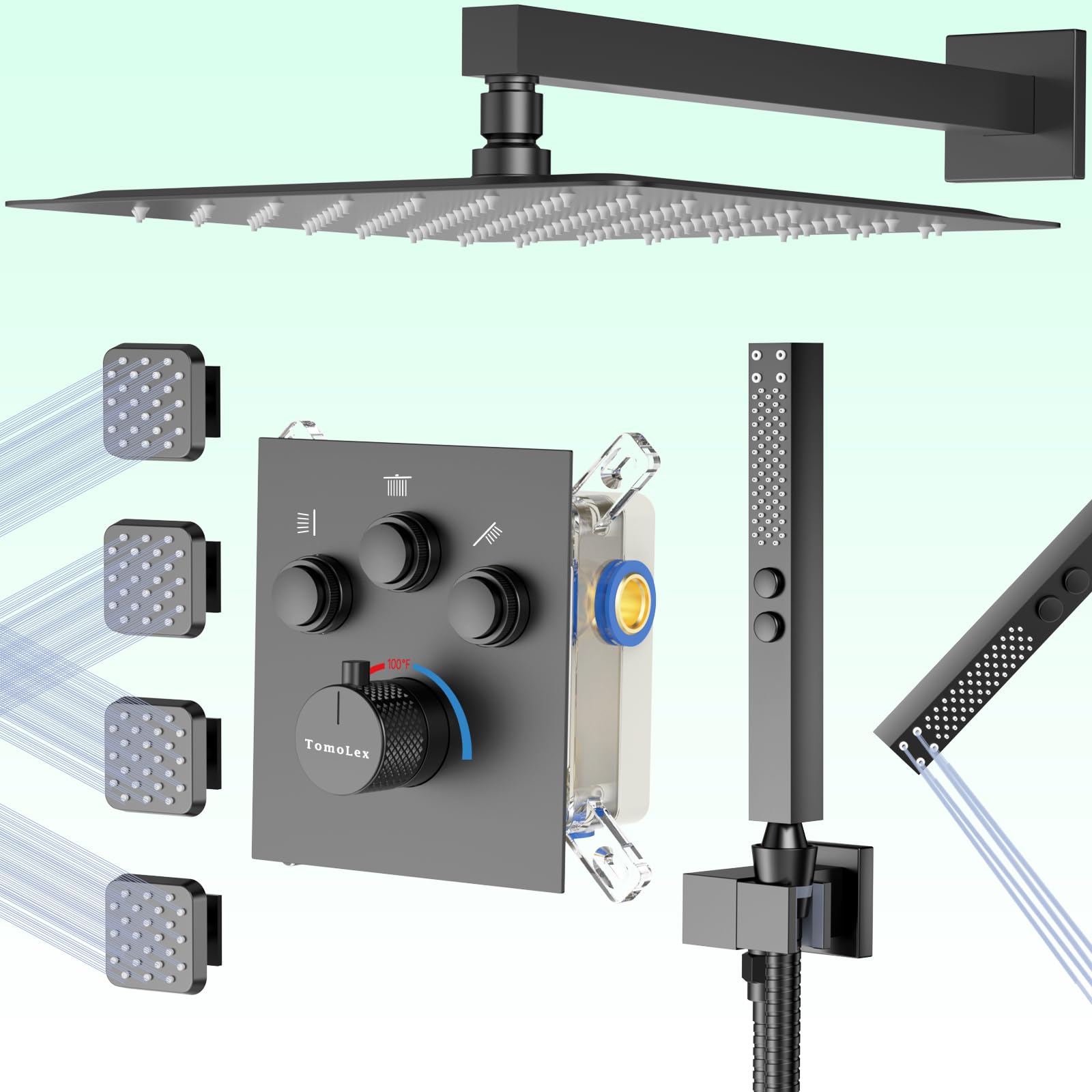 Shower System with Body Jets, 12" Thermostatic Rainfall Shower System ...