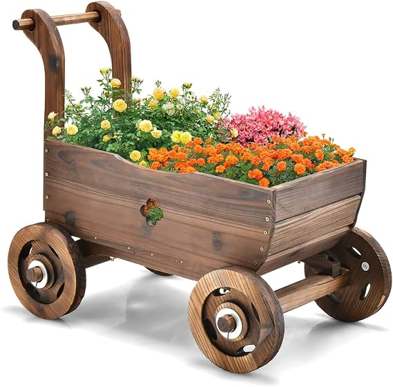 COSTWAY Blomvagn i trä, växtvagn med hjul och handtag, planteringslåda ...