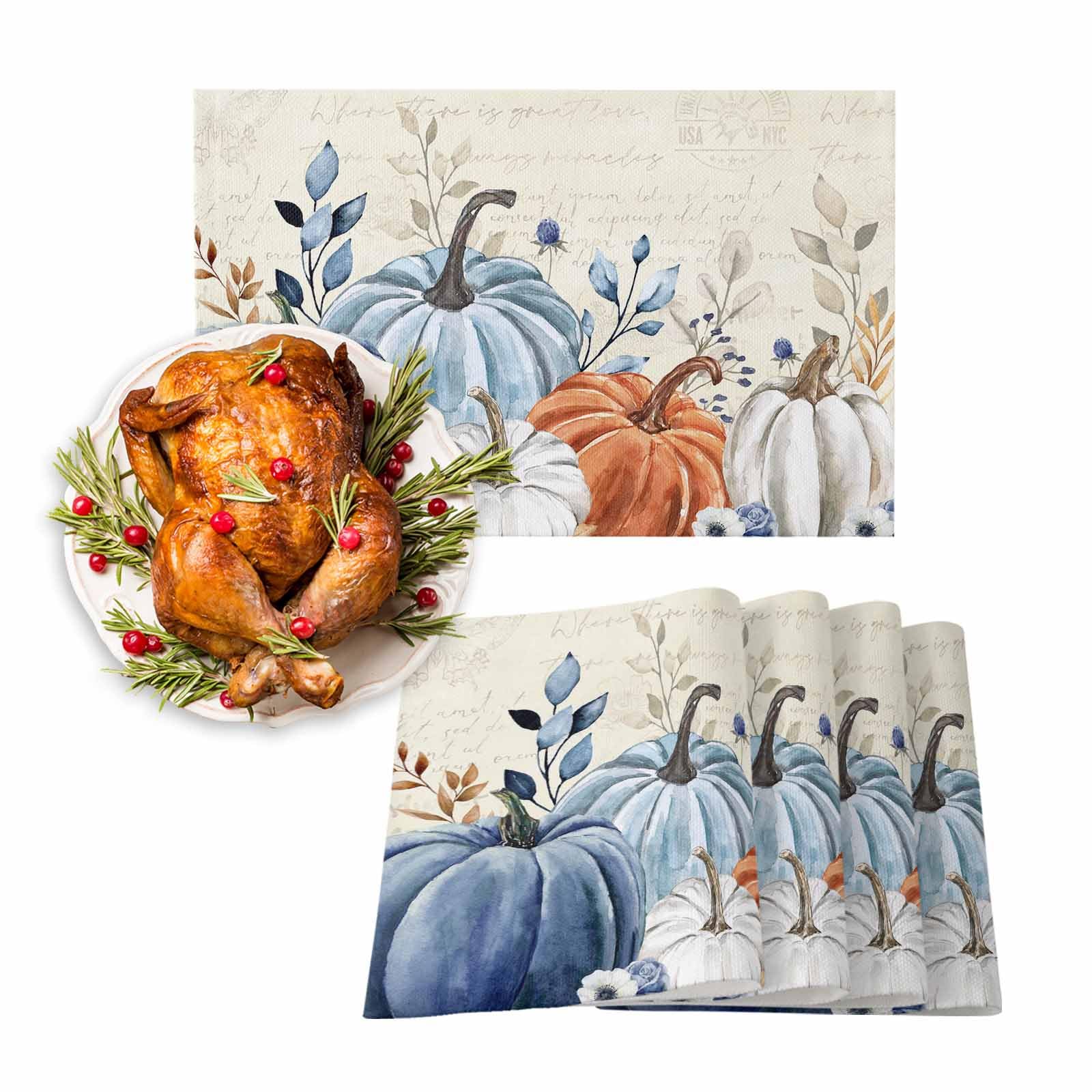 Amazon.com: Fall Placemats Set of 4 Blue Pumpkin Place Mats Floral ...