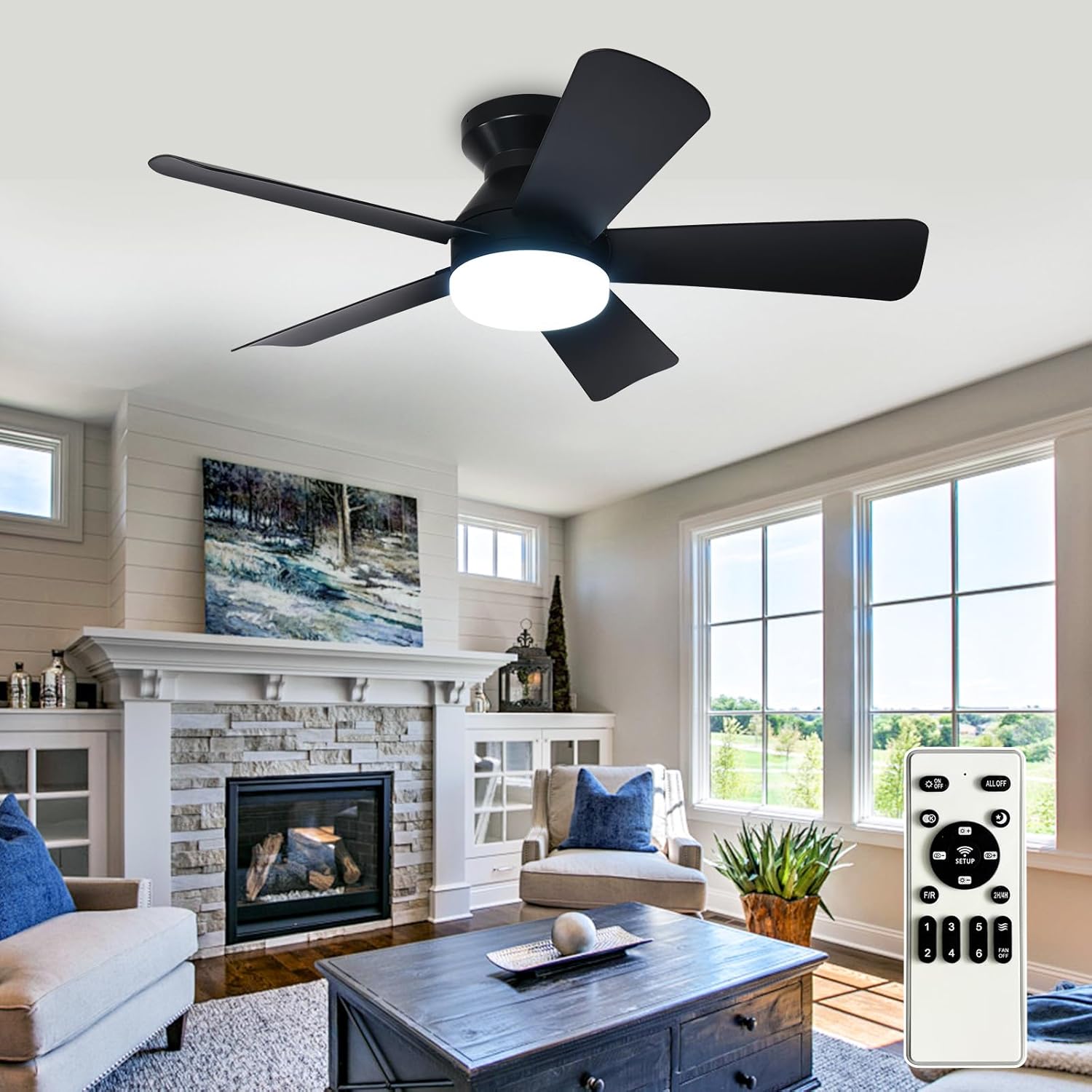 Depuley Ceiling Fans with Lights for Bedroom: 35 Inch Black Low Profile ...