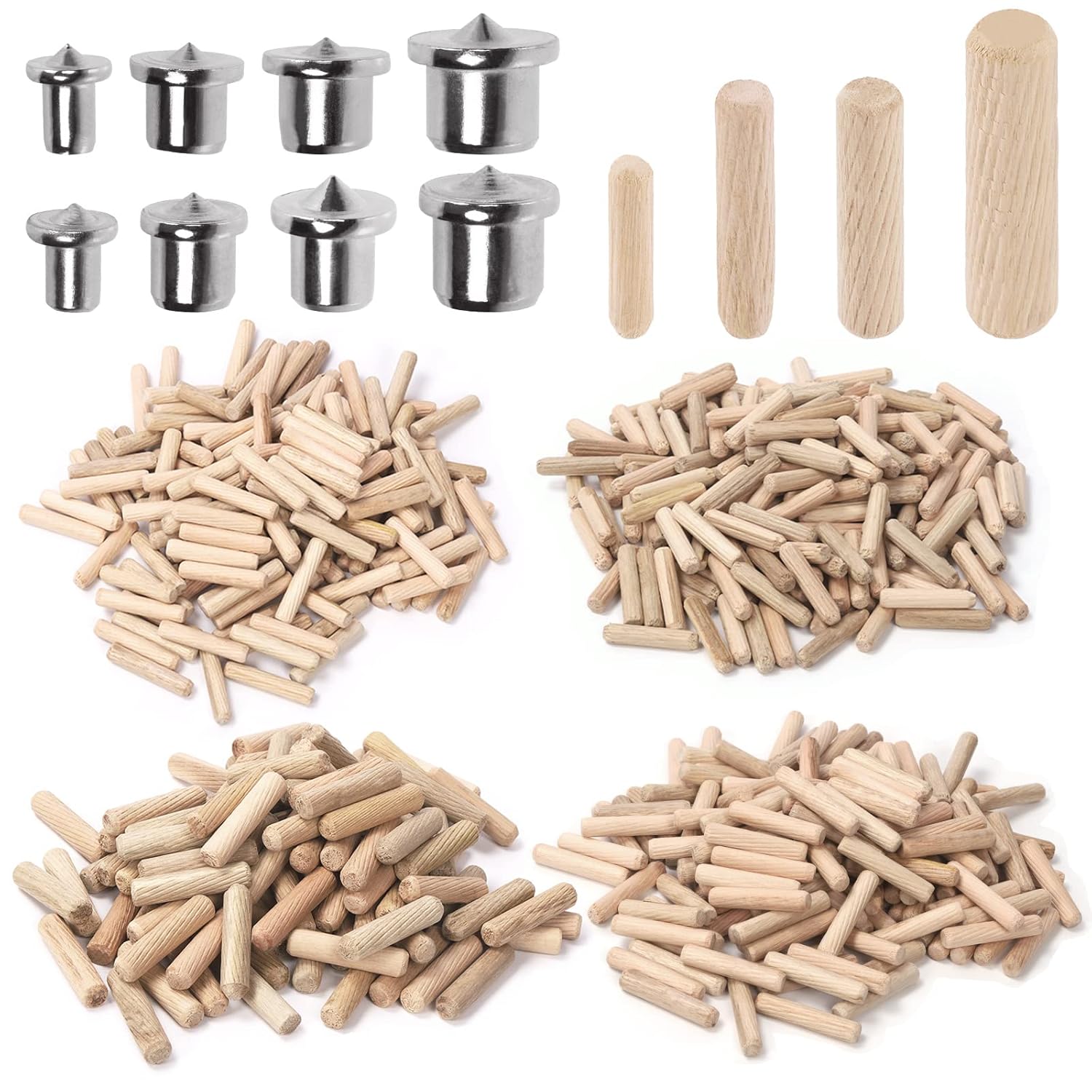 Swpeet 505Pcs 4 Sizes 1/4" 5/16" 3/8" 1/2" Wooden Dowel Pins Straight ...
