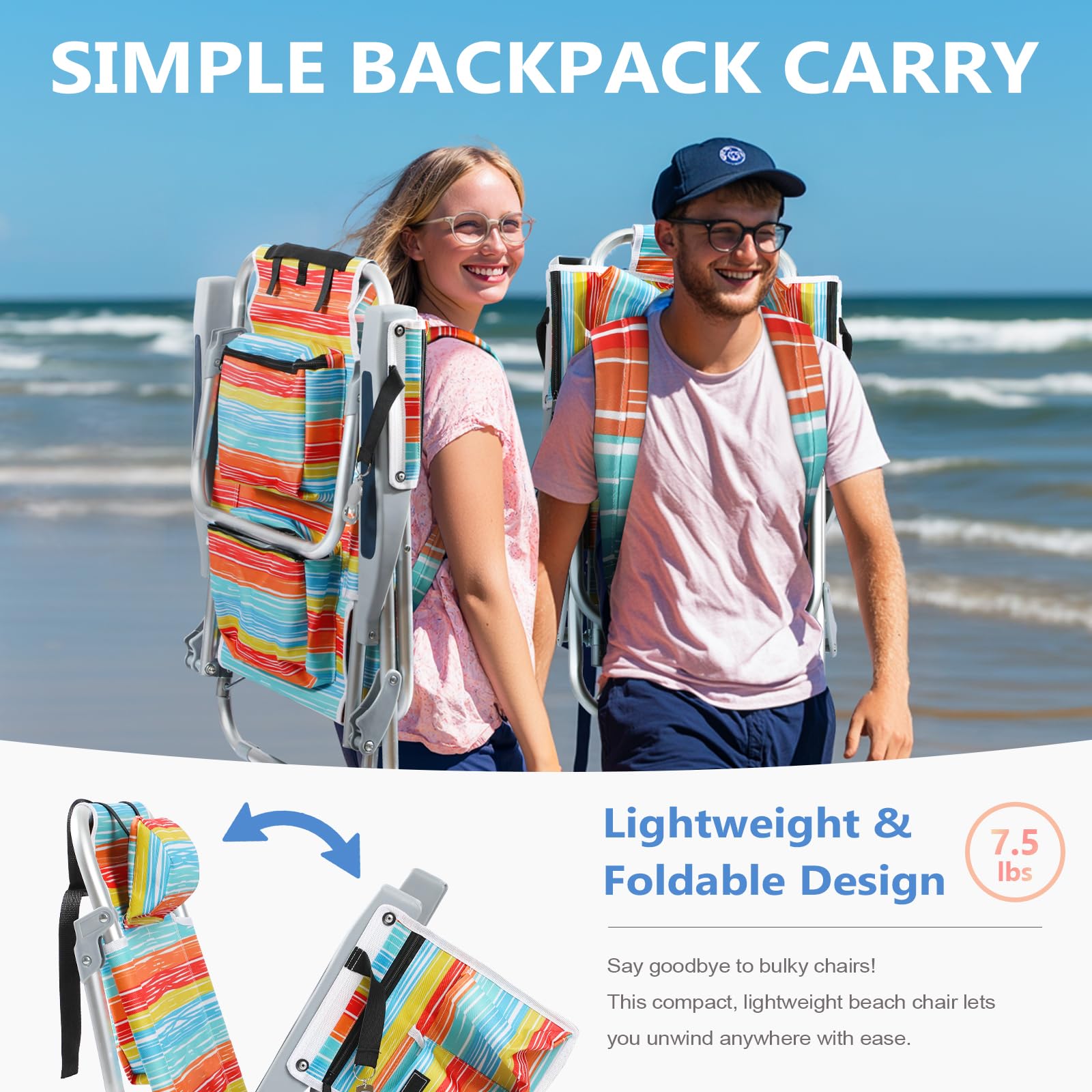 Snapklik.com : 5-Position Aluminum Lay Flat Tall Beach Chair, Compact ...