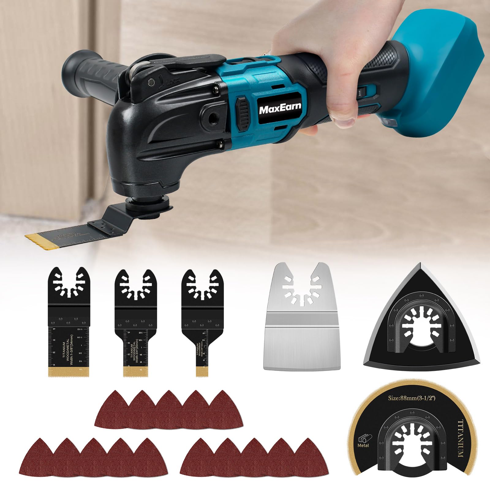 MaxEarn Cordless Oscillating Multi Tool with 6 Titanium Saw Bla-de + 15 ...