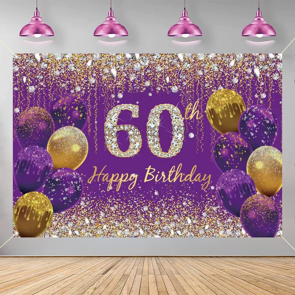 60th Birthday Decoration for Women, Glitter Purple Fabric Sign Poster ...