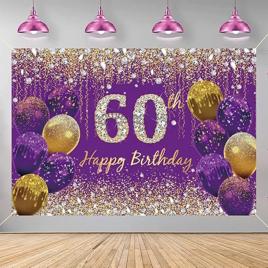 60th Birthday Decoration for Women, Glitter Purple Fabric Sign Poster ...