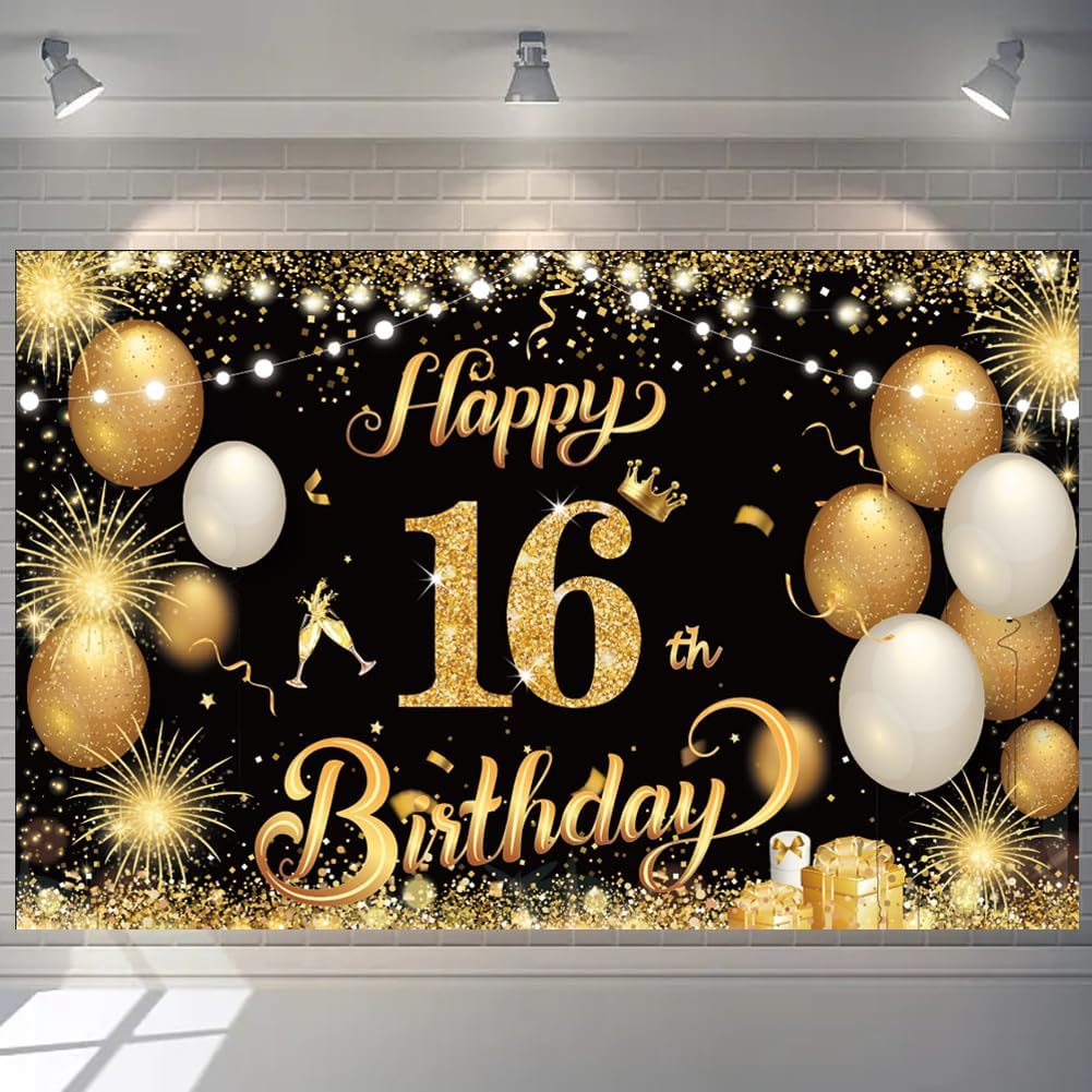 Happy 16th Birthday Banner Gold 1.1 x 1.8m Happy 16th Birthday Banner ...