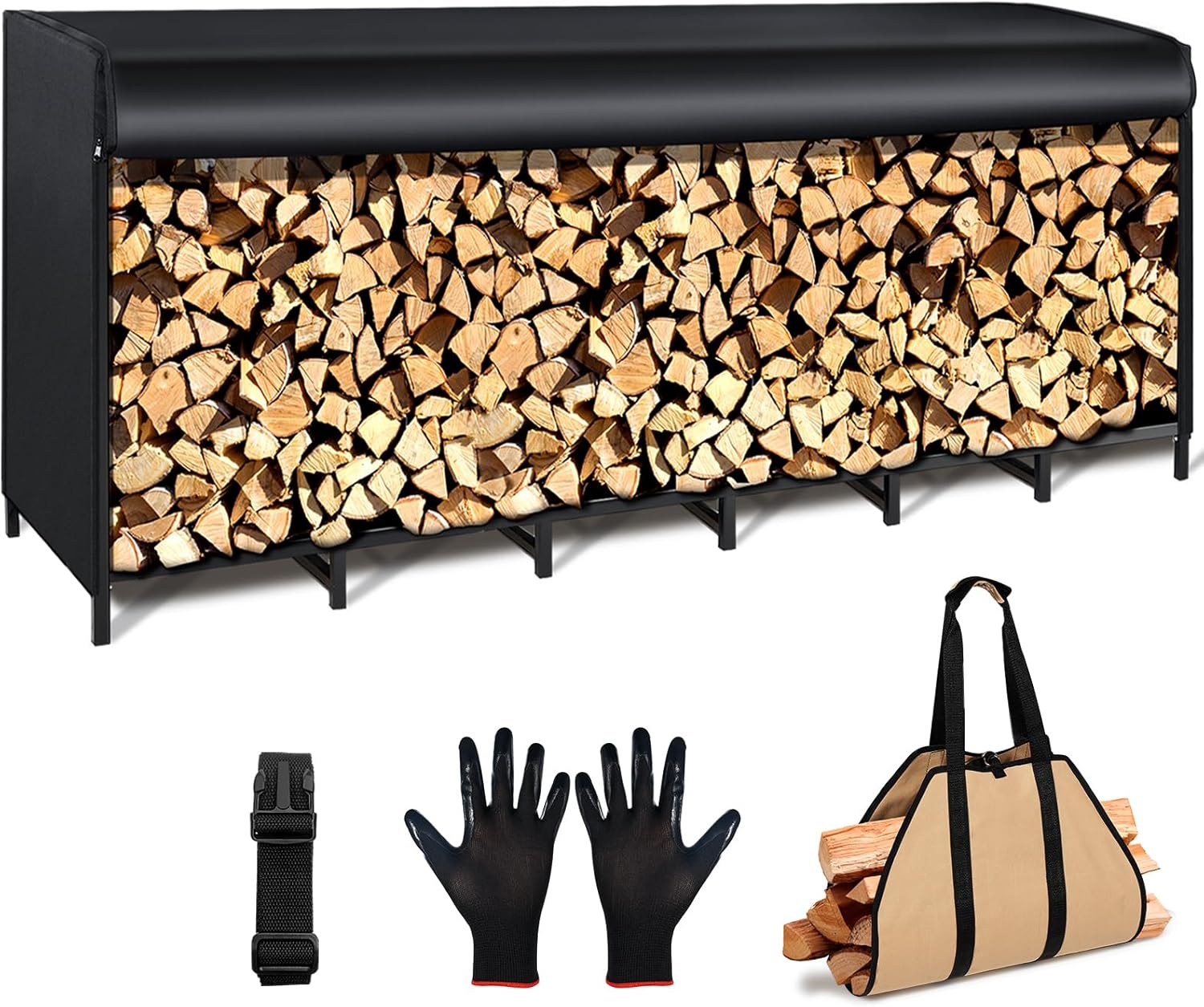 Amazon.com : 8FT Outdoor Firewood Rack with Cover&Carrier Bag,Heavy ...