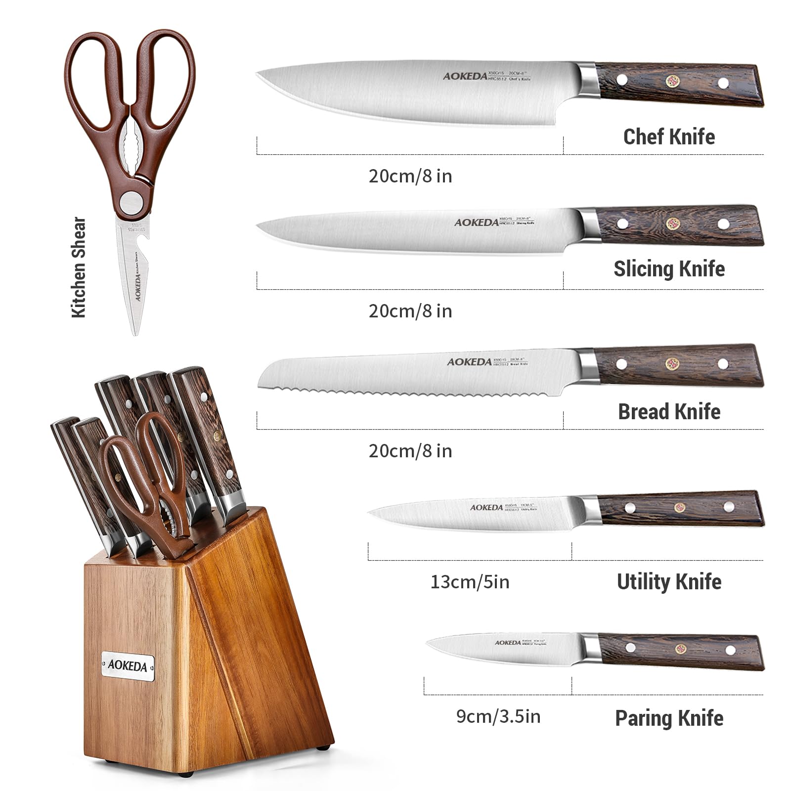 AOKEDA 7-Piece Kitchen Knife Set with Block, High Carbon German Steel, with Kitchen Shears ...