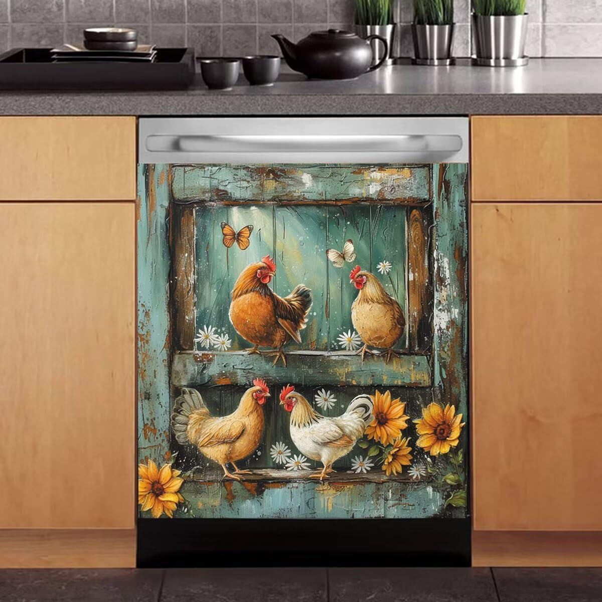 Amazon.com: Country Chicken Magnetic Dishwasher Cover, Rustic Wood ...