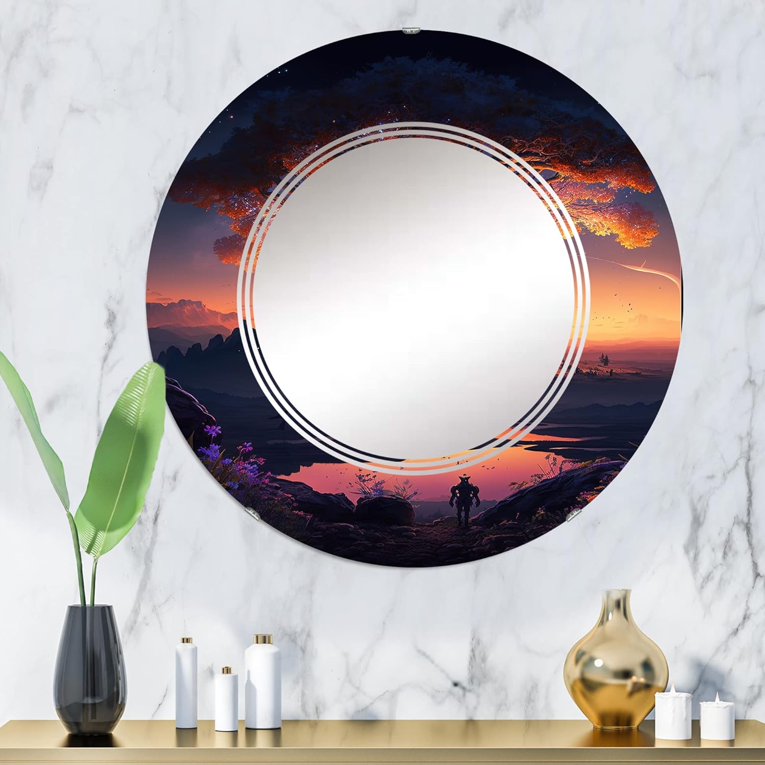 DesignQ Sunset Over Bonsai Tree by Lake II- Vanity Mirror, Bathroom ...