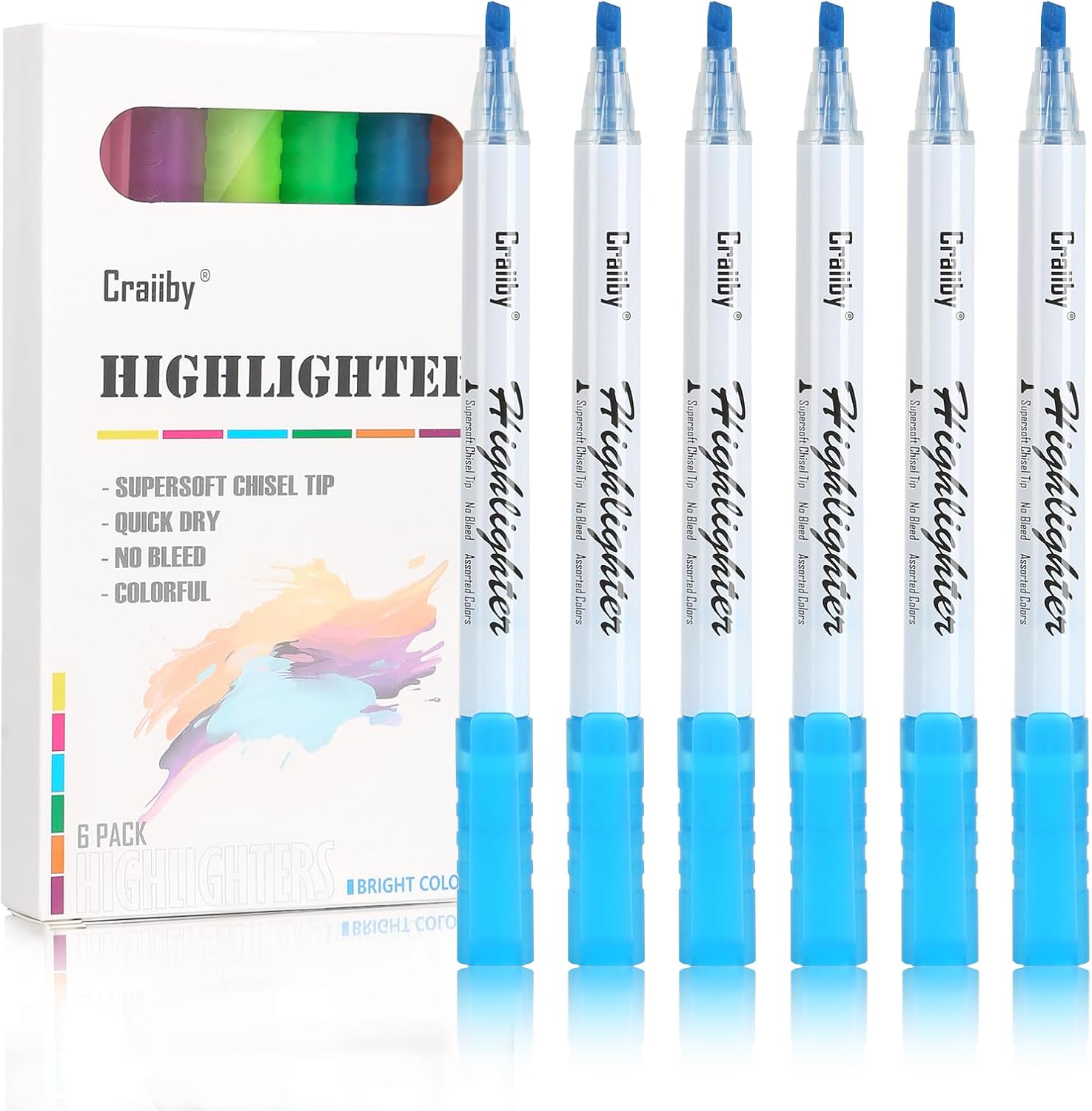 Amazon.com : Craiiby Blue Highlighters - 6 Pack Bright Colors Chisel ...