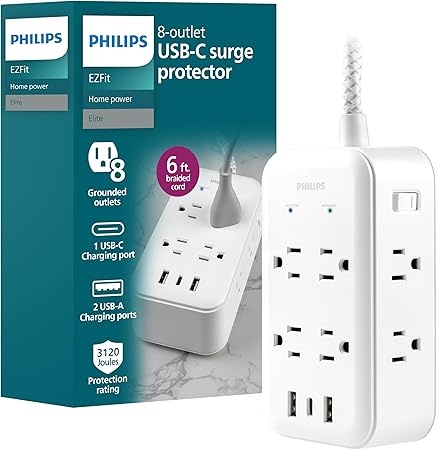 Amazon.com: Philips Surge Protector, 8 Outlet, 2 USB-A, 1 USB-C, 17W ...