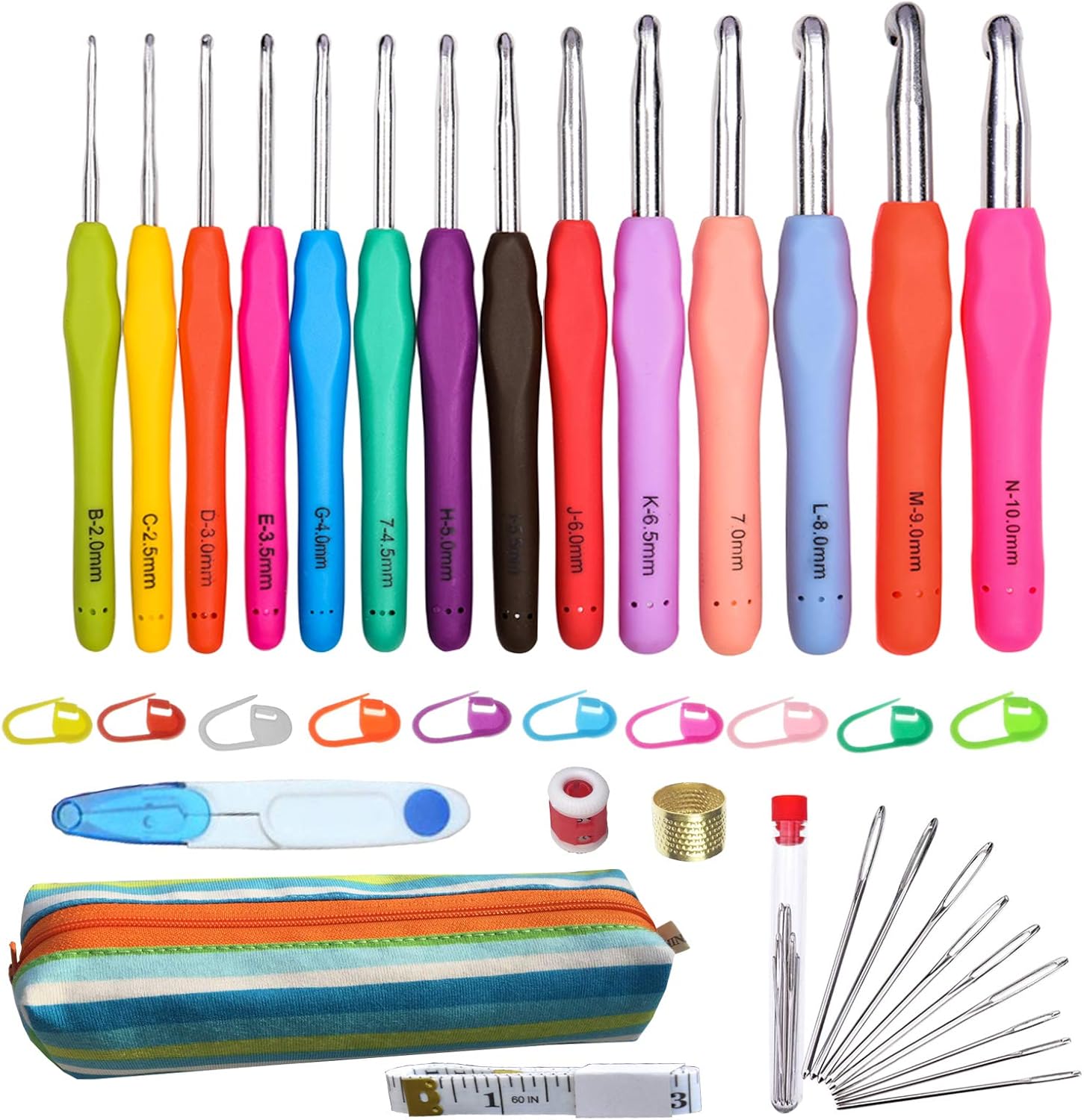 Amazon.com: 14 Sizes Crochet Hooks Set 2mm(B)-10mm(N) Ergonomic Crochet ...
