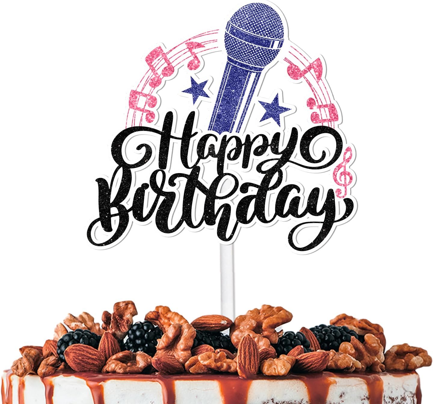 Amazon.com: Black Glitter Microphone Happy Birthday Cake Topper Cheer ...