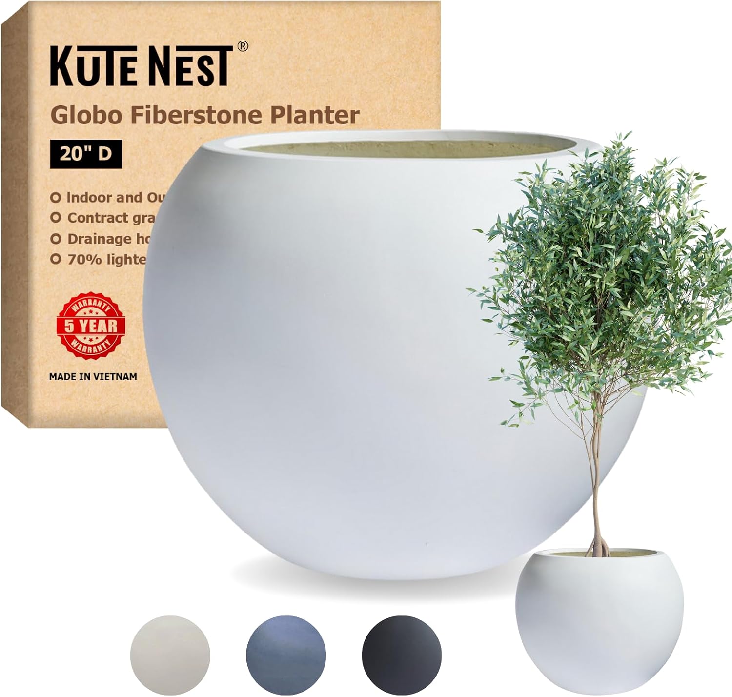 Amazon.com : KUTE NEST Globo 20" D x 16" H Fiberstone Large Planter ...