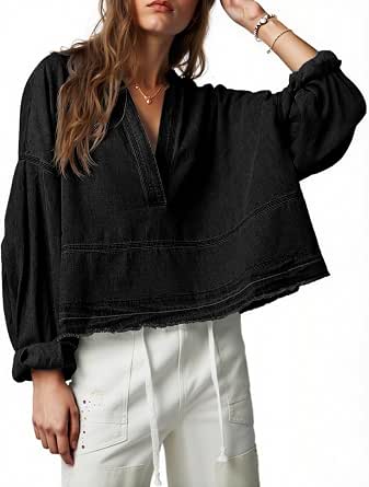 PLNOTME Womens Denim Tops Pullover Trendy Casual V Neck Loose Fit Puff ...